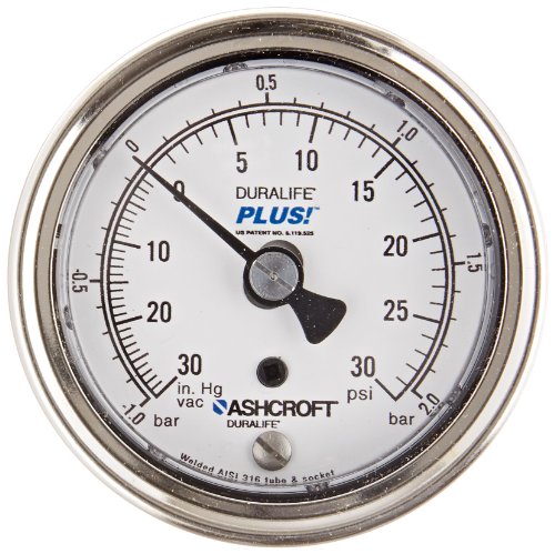 Ashcroft Duralife Type 1009SW Stainless Steel PLUS Performance Pressure Gauge, 2.5" Dial Size, 1 ...