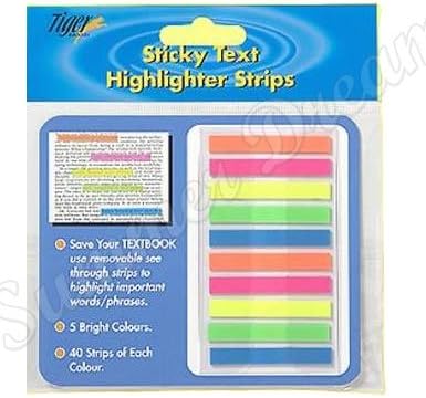 Sticky Text Highlighter Strips- 5 Bright Colours 40 Strips Of Each ...