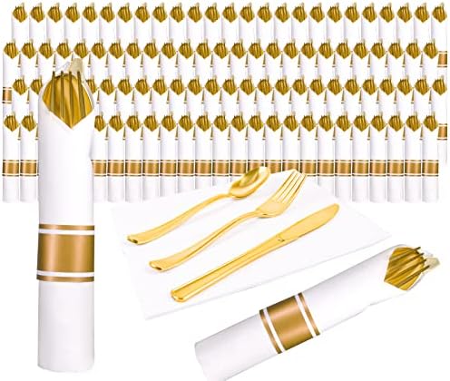 Pre Rolled Gold Plastic Silverware for 100 Guests - Wrapped Disposable ...