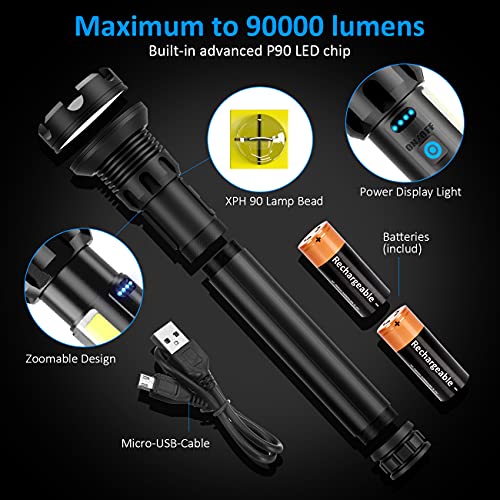 Led Flashlight Rechargeable USB, P90 LED Flashlight Super Bright 90000 ...