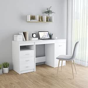 Desk White 140x50x76 cm Engineered Wood,Contemporary White Home Office ...