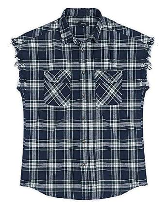 Men's Button Down Sleeveless Plaid Shirt Casual Flannel Cut Off Shirt ...