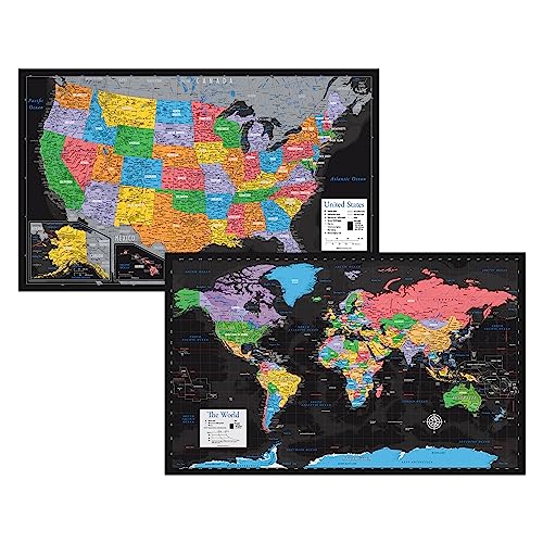 2 Pack - Laminated World Map & US Map Poster Set - Wall Chart Map of ...