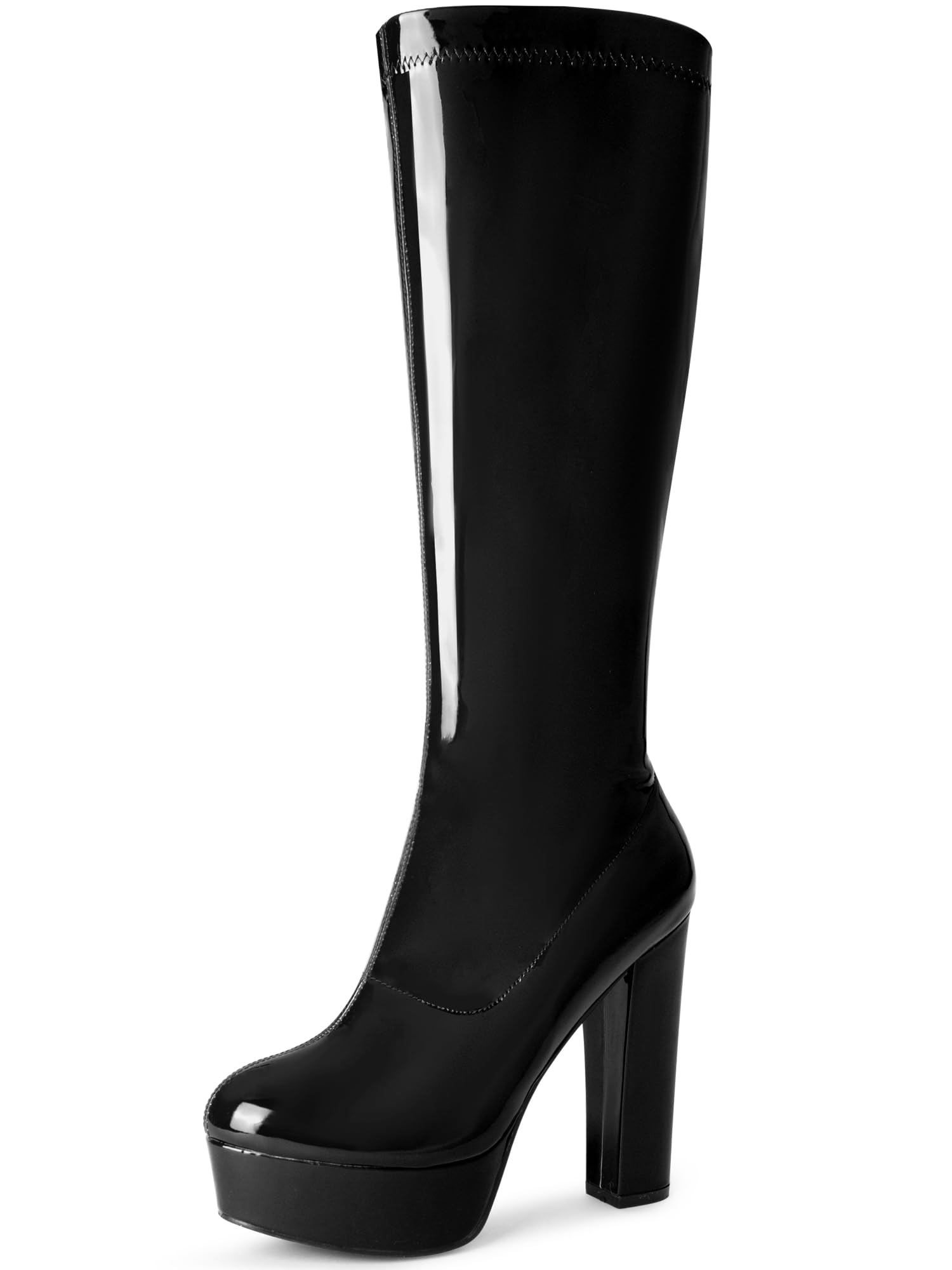 Allegra K Women's Patent Leather Platform Boot Black Gogo Boots Block Heel Black Knee High Boots ...