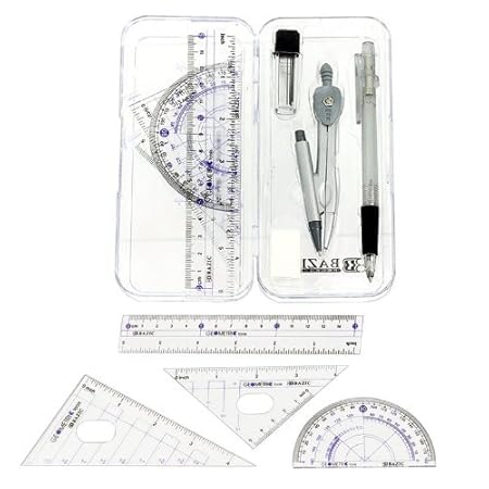 Math Geometry Tool Set - 8 Pieces - Rulers Protractor Compass and ...