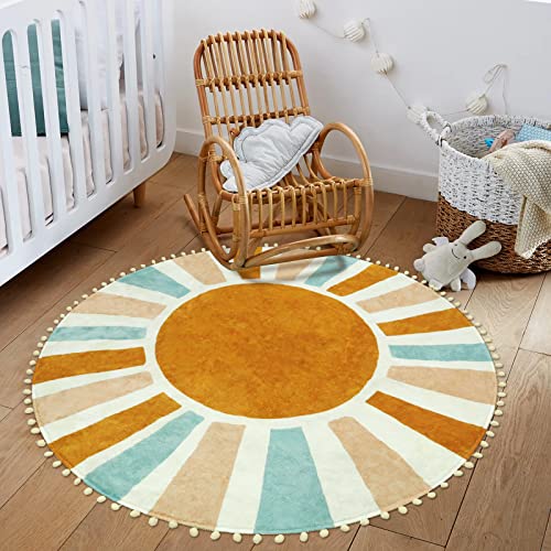 LIVEBOX Retro Sun Round Rug 4ft Boho Rug for Nursery Room,Non-Slip ...