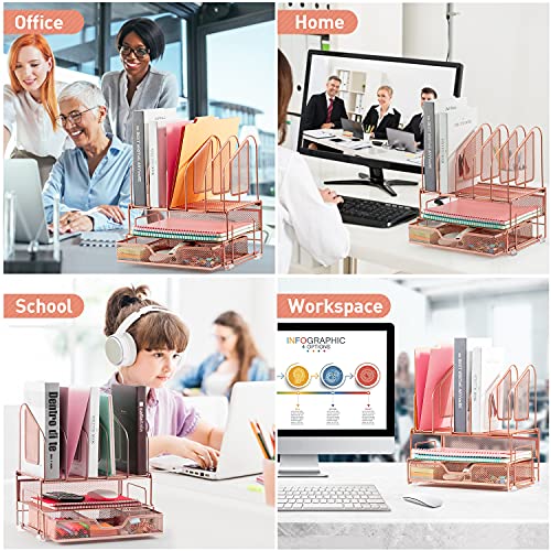Beiz Rose Gold Desk Organizer with Storage Drawer, 2 Paper Tray & 5 ...