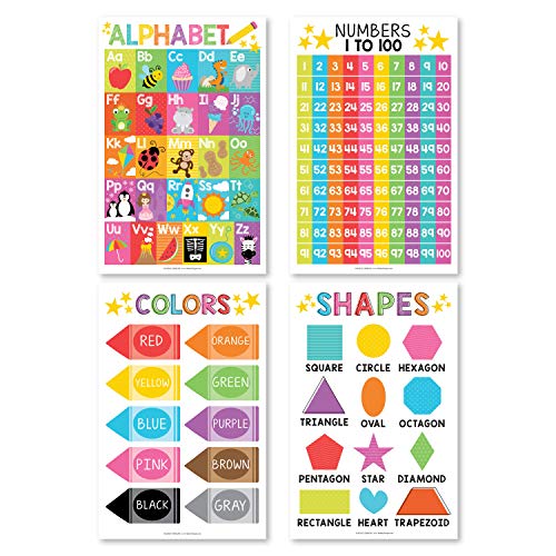 4 Alphabet, Count 1-100 Numbers, Colors, 2D 3D Shapes, ABC Posters For ...