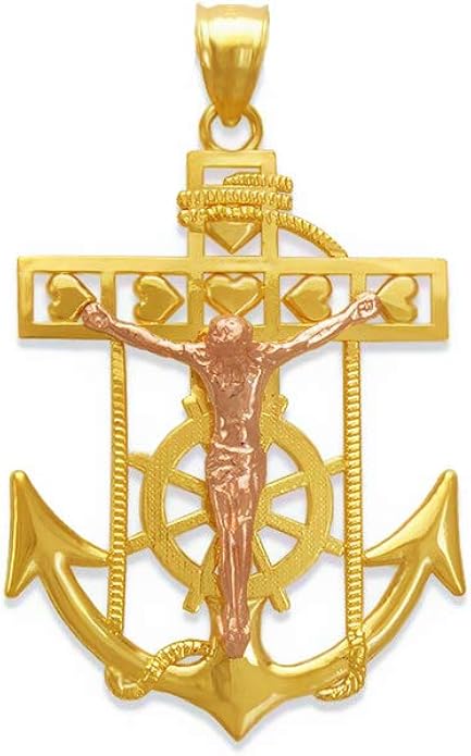 Amazon.com: TOUSIATTAR 14K Two Tone Gold Jesus Anchor Pendant ...