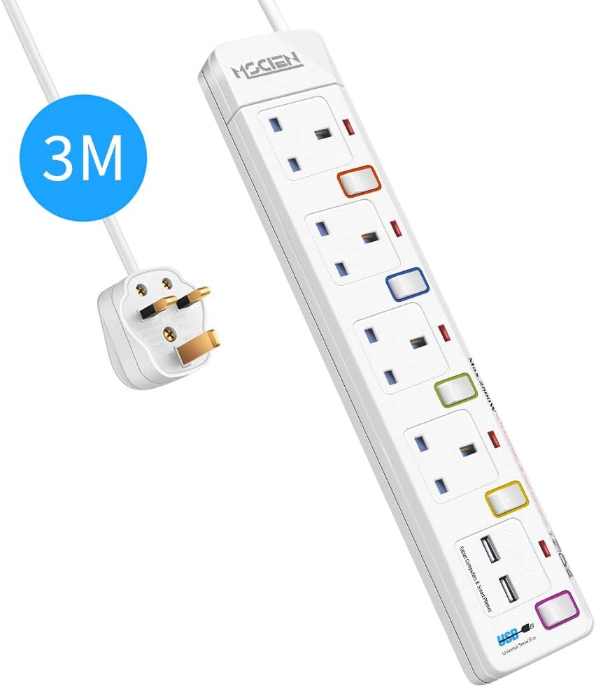 Mscien Extension Lead Individual Switches with USB, 4 Gang Outlets 2 ...