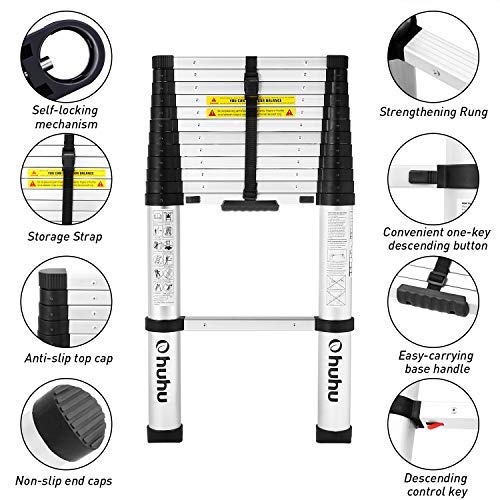 Telescoping Ladders Extendable Telescoping Ladder with Spring Loaded Locking Mechanism Non-slip ...