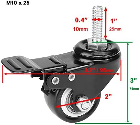 4X Stem Casters Wheels M10 x 25mm with Brake Dual Locks, 2″ Heavy Duty ...
