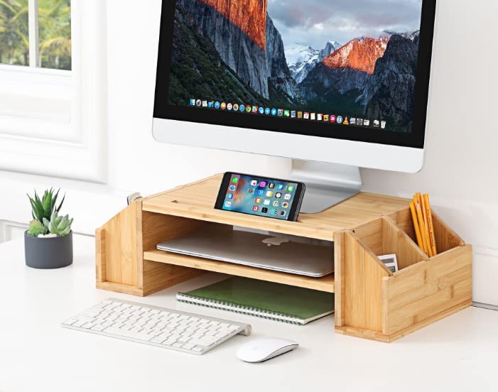 Bamboo Monitor Stand - 2 Tiers Computer Monitor Riser with 4 Pockets ...