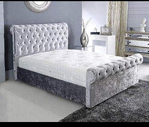 New Sleigh Diamante Crushed Velvet Fabric Upholstered Bed Frame 4ft6 ...