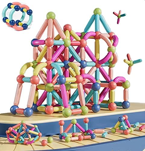 128 PCS Magnetic Balls and Rods Building Sticks Blocks Set Vibrant Colors Different Sizes Curved ...