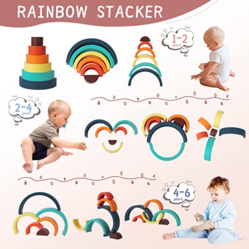 MCGMITT Silicone Stacking Toys, 4 in-1 Montessori Rainbow Stacker for ...