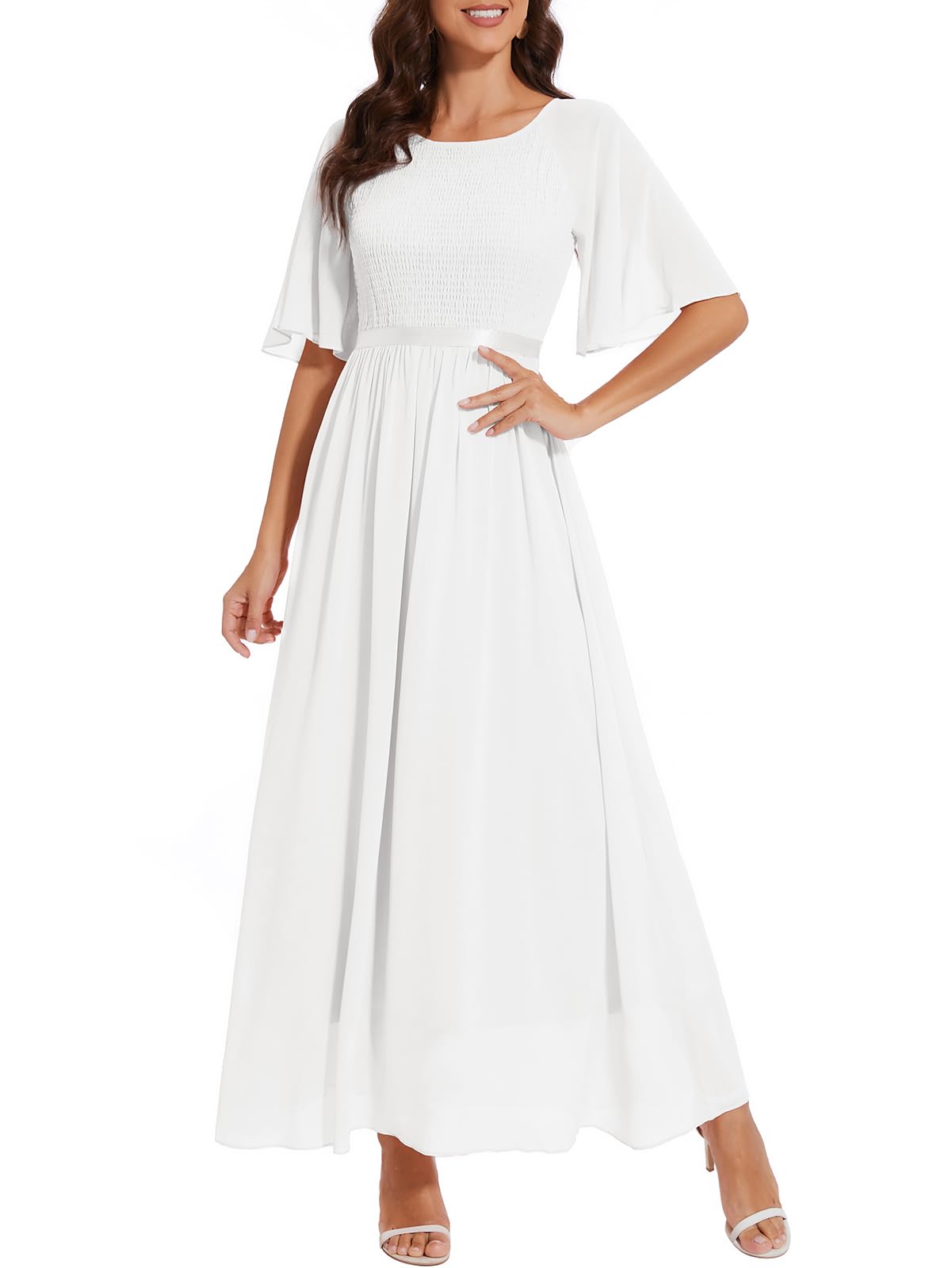 Fynadressr Womens Chiffon Bridesmaid Formal Gowns Short Sleeve Smocked ...