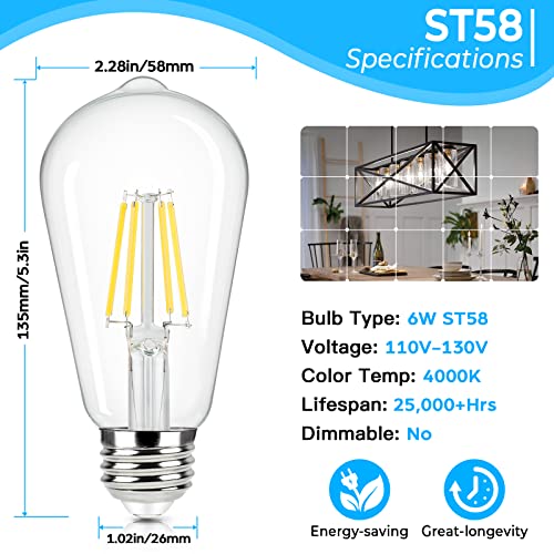 Brightever Vintage LED Edison Bulbs 60 Watt Equivalent, 6W ST58 Super ...
