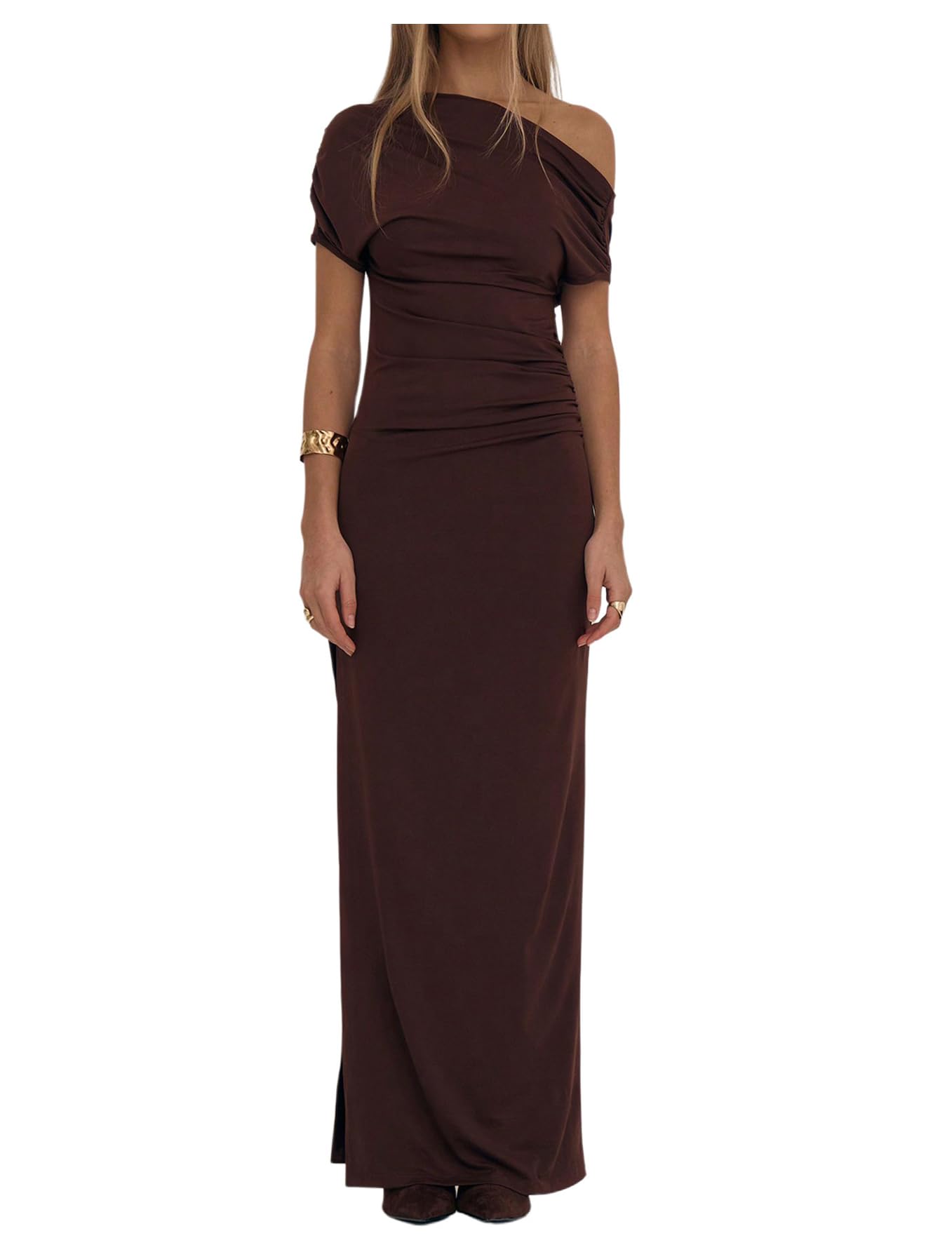 GORGLITTER Women's Asymmetrical Neck Ruched Bodycon Maxi Dress One ...