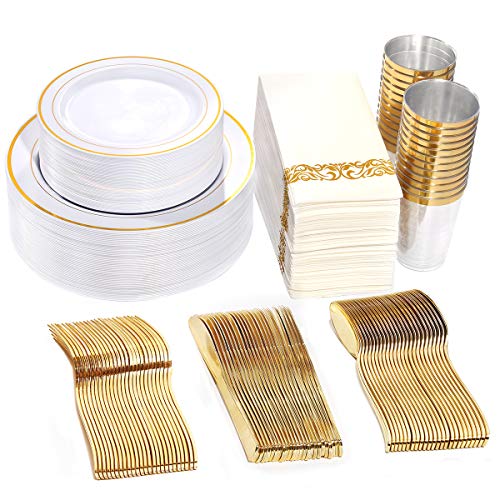 WDF Partyware 50 Guest Gold Plastic Plates with Disposable Cutlery and ...