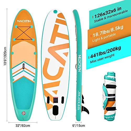 NACATIN Inflatable Stand Up Paddle Board, Upgrade Version 10′ 6" Paddle ...