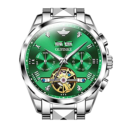 OUPINKE Swiss Brand Men Watch Self Winding Automatic Original Mechanical Green Face Tourbillon ...