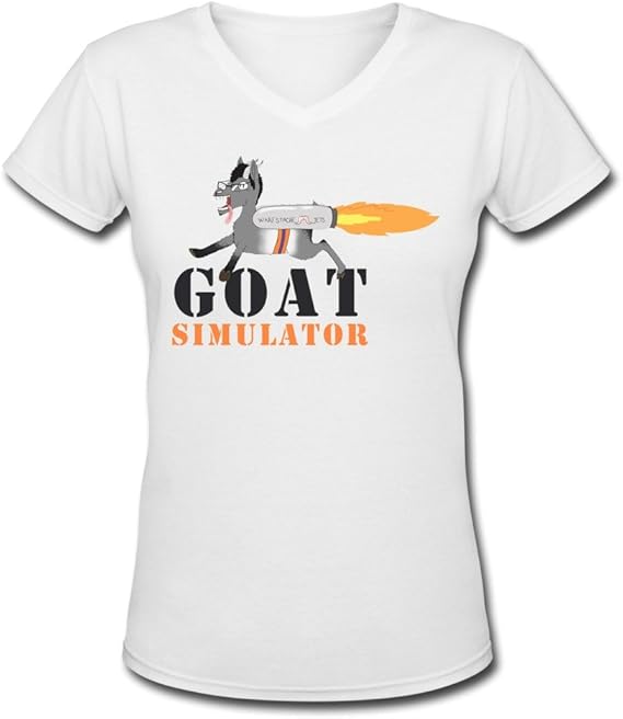 ZhiXiong Women's V-Neck Cotton Goat Simulator T Shirts White: Amazon.ca ...