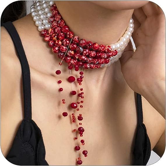 DAYANEY Blood Pearl Necklace, Halloween Vampire Gothic Necklace, Pearl ...