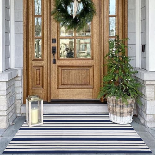 KOZYFLY Striped Outdoor Doormat 27.5x43 Inches Area Rug Washable Navy ...