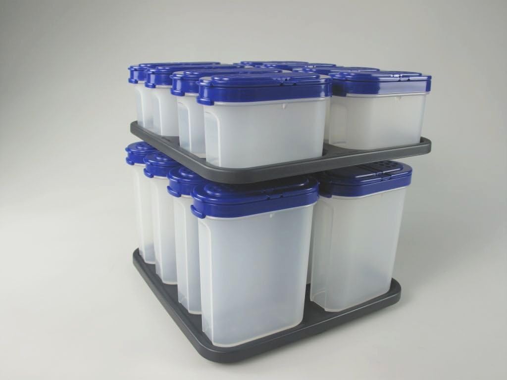 TUPPERWARE Grands (8) + Petits contenants à épices (8) bleu + Carrousel ...