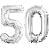 Amazon.com: Giant Silver Number 50 Balloons, 40 Inch Jumbo Number 50 ...