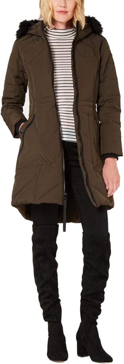 Amazon.com: GUESS womens Knee Length Heavy Puffer Coat With Faux Fur ...
