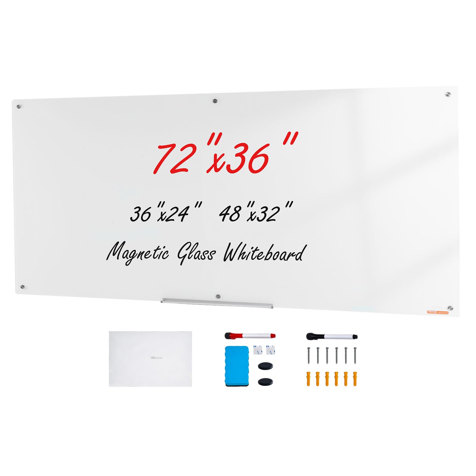 VEVOR Magnetic Glass Writing Board, Erasable 72"x36" Surface, Frameless ...