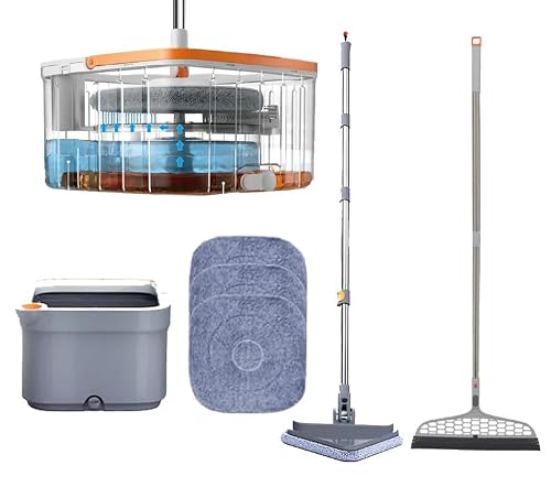 Spin Mop and Bucket System with Silicone Broom - 360° Swivel Head, Dual ...