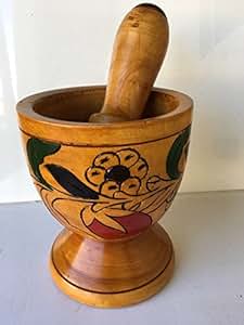 Amazon.com : Wood Mortar and Pestle Hand carved and painted Medium Wood ...