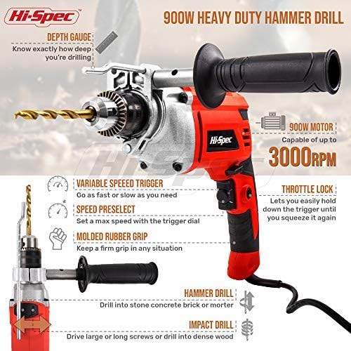 Hi-Spec 900W Corded Hammer Drill Kit – 13mm Chuck, Variable Speed, 12pc ...