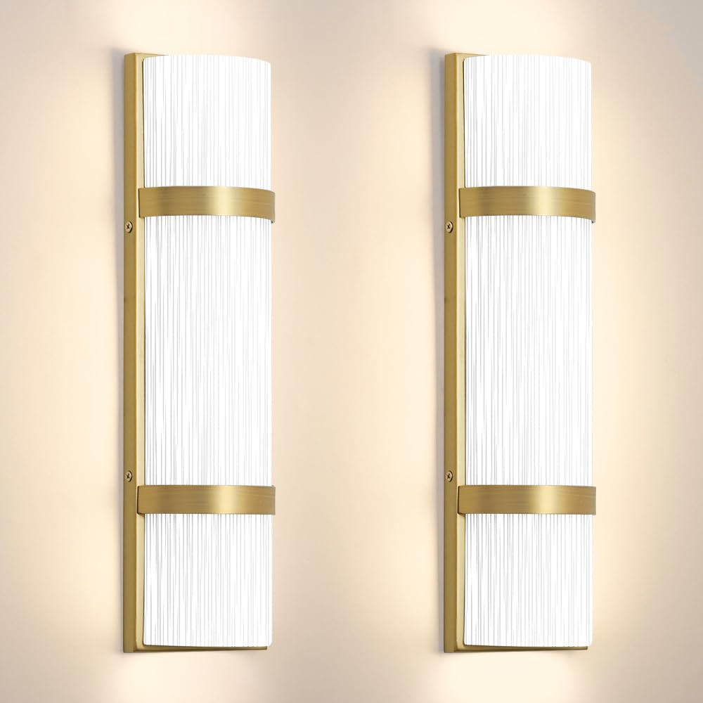 Modern Brushed Brass Gold Wall Sconces Set of 2, LED Wall Mounted Light ...