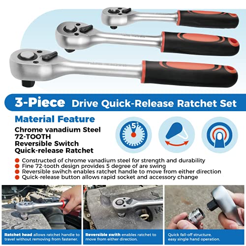 Buy 3-Piece Ratchet Set, 1/4", 3/8", 1/2" Drive Ratchet Handle, 72 ...