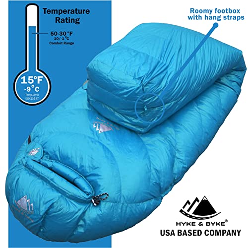 Hyke & Byke Quandary 15 F Hiking & Backpacking Sleeping Bag - 3 Season, 650FP Duck Down Sleeping ...
