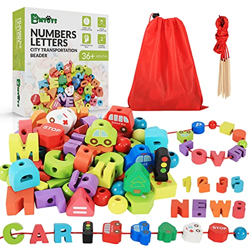 BMTOYS Wooden Lacing Toy Alphabet Number Threading Beads for Boys Girls ...