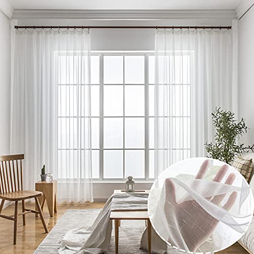 Ftinala Off White Sheer Curtains 102 Inches Long 2 Panels Pinch Pleat Drapes Faux Linen Textured ...