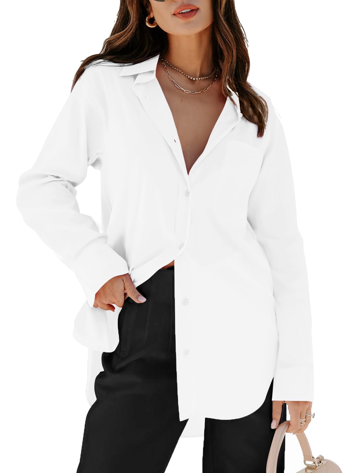siliteelon Womens Button Down Shirts Dress Shirts Long Sleeve Blouses V ...