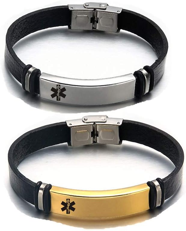 Pulseira de alerta médico personalizada da NJ – Pulseiras de couro liso ...