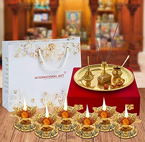 Buy Golden Pooja Thali, Diya, Spoon, Bell, Agarbatti Stand, Loti and ...