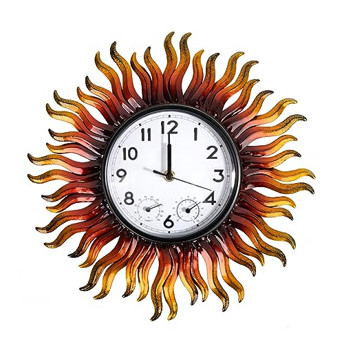 HOBYLUBY 13'' Sun Outdoor Clock, Outdoor Wall Clock with Thermometer ...