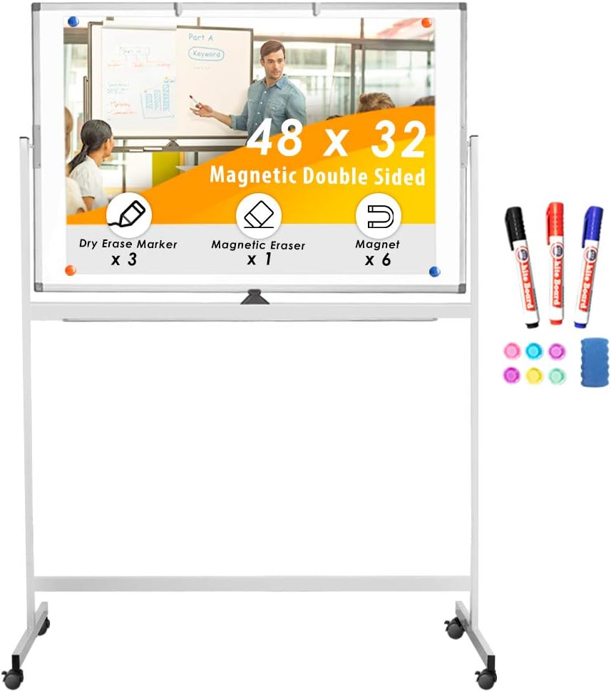 Magnetic Mobile Whiteboard, 48 x 32 inches Double Sided Dry Erase Board ...
