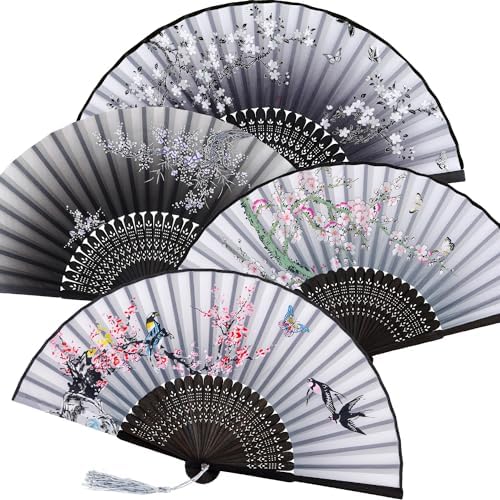 Zonon 4 Pack Handheld Floral Folding Fans Hand Held Fans Silk Bamboo ...