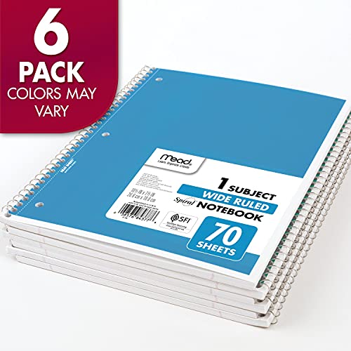 Mead Spiral Notebook, 6 Pack, 1-Subject, Wide Ruled Paper, 7-1/2" x 10 ...