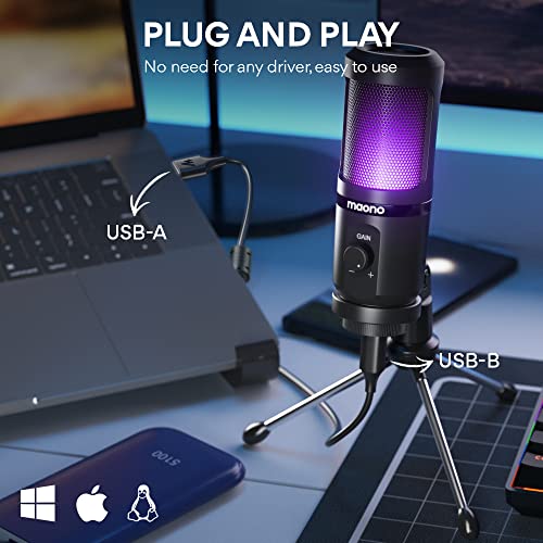 MAONO USB Gaming Microphone for PC, Computer Condenser Mic with Gain ...