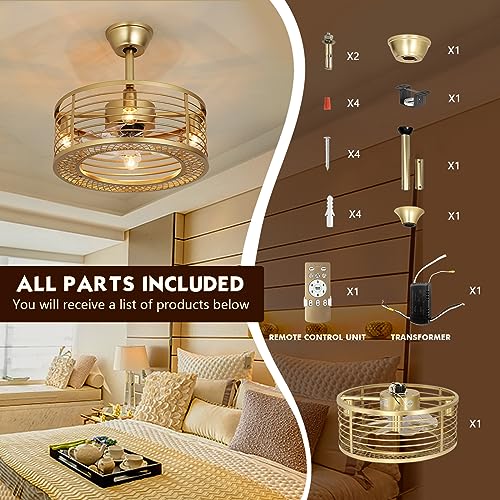 Gold Caged Ceiling Fans with Lights and Remote Control 6-Speed ...